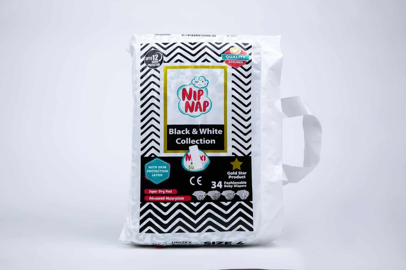 NipNap Black And White Collection - High Count | 8 - 14Kg | Maxi | 34 Pieces - Greenspoon